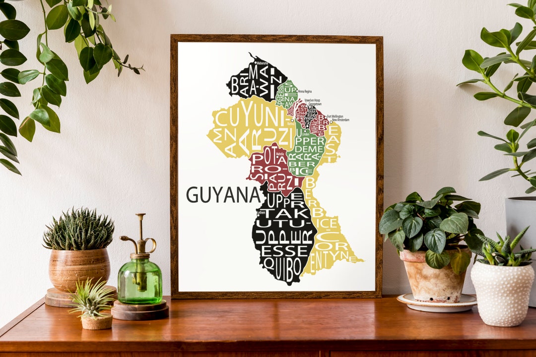 Typographic Map of Guyana, South America | Guyanese Regional Map ...