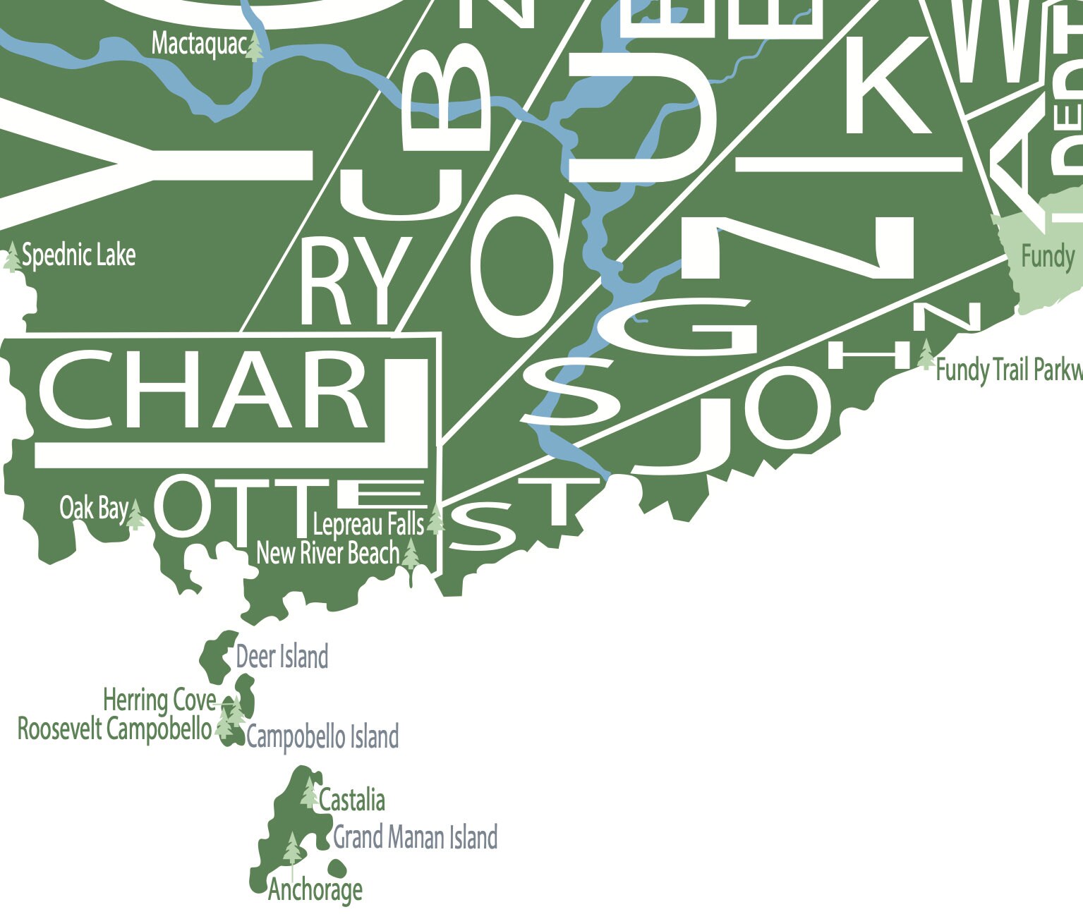 Typographic Map of Parks in New Brunswick | New Brunswick Parks Map ...
