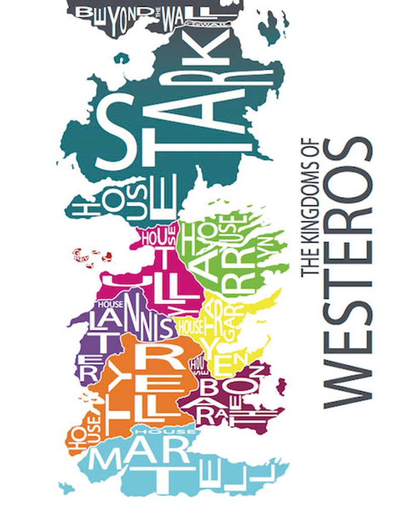 Typographic Map of Westeros Game of Thrones Map Regions or - Etsy