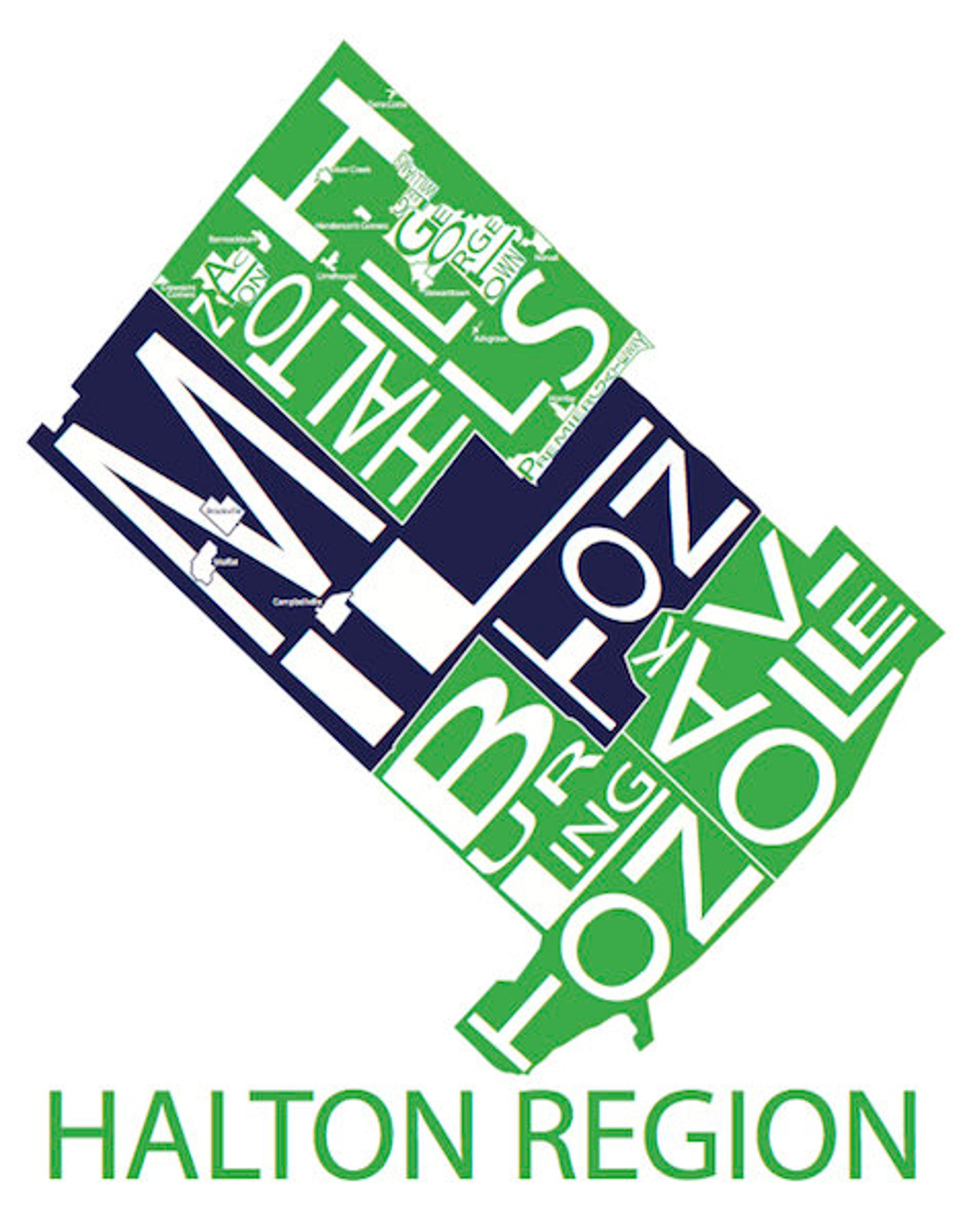 Typographic Map of Halton Region, Ontario | Burlington, Halton Hills ...