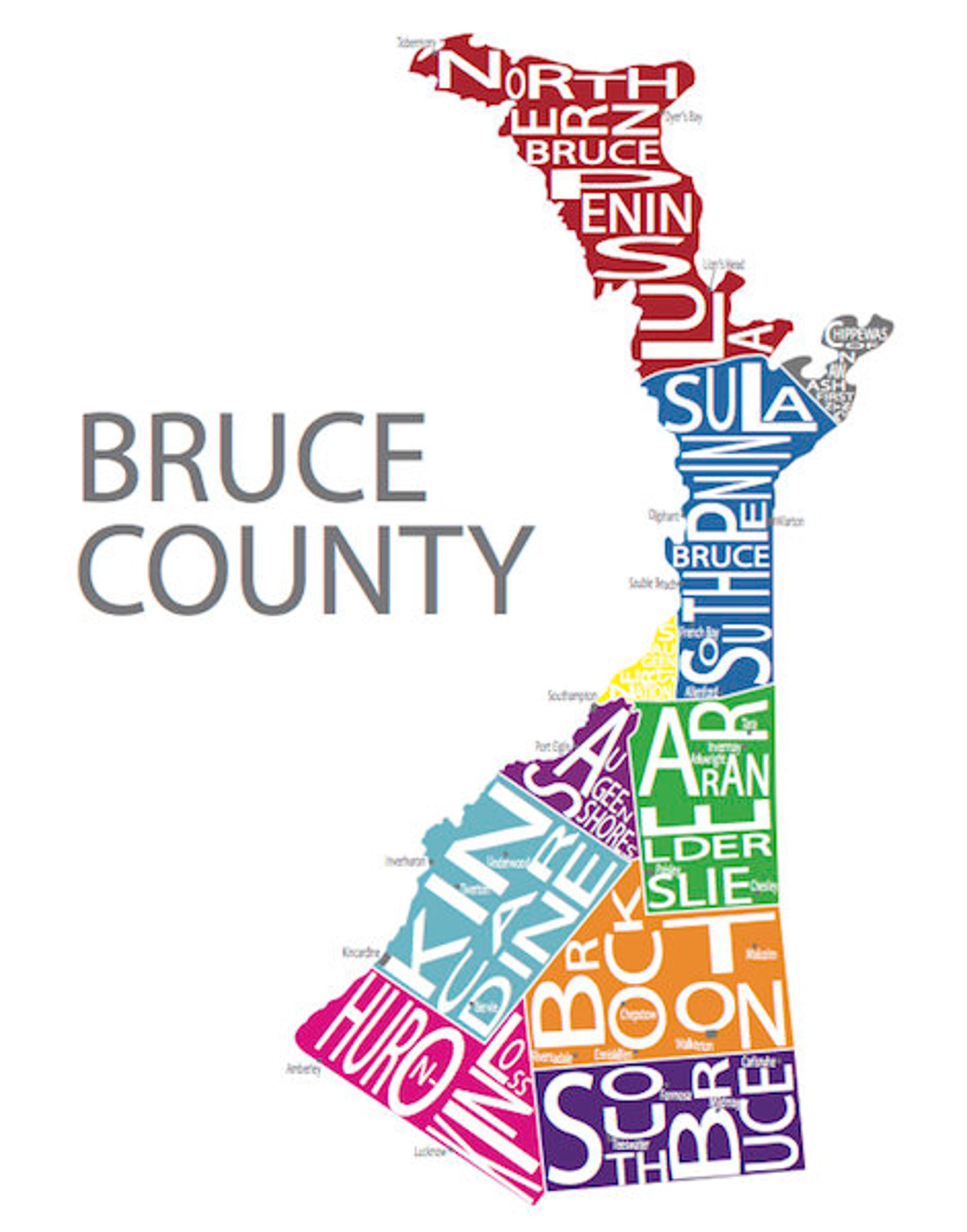 Typographic Map of Bruce County Ontario County Map Print | Etsy