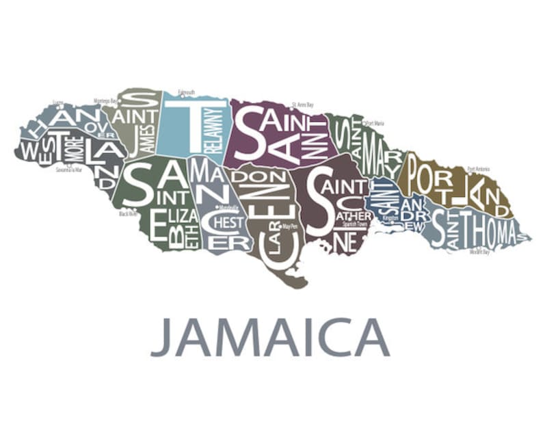 Typographic Map of Jamaica | Caribbean Island Map | Country Map Print ...