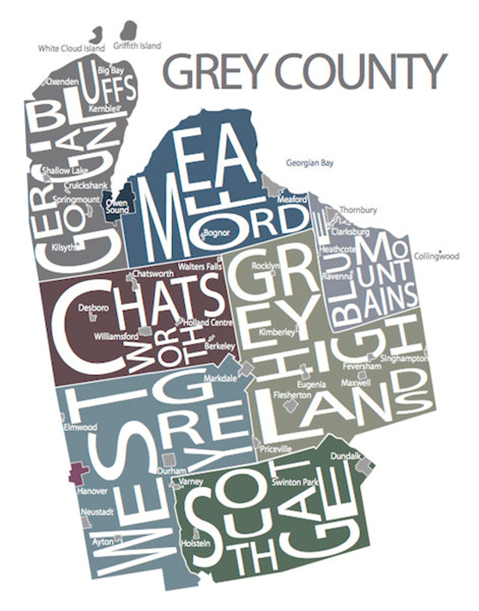 Typographic Map of Grey County Georgian Bay Area Map | Etsy