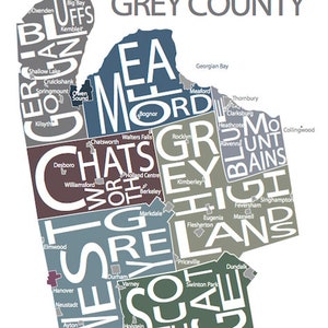 Typographic Map of Grey County | Georgian Bay Area Map | Ontario County ...