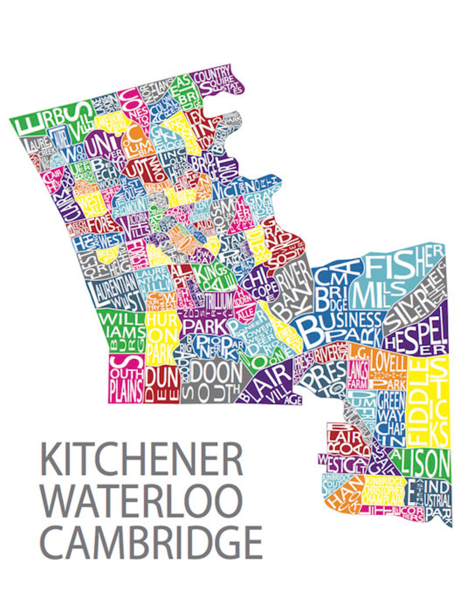 Typographic Map of Kitchener Waterloo and Cambridge Map of | Etsy