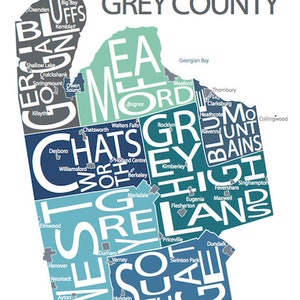 Typographic Map of Grey County | Georgian Bay Area Map | Ontario County ...