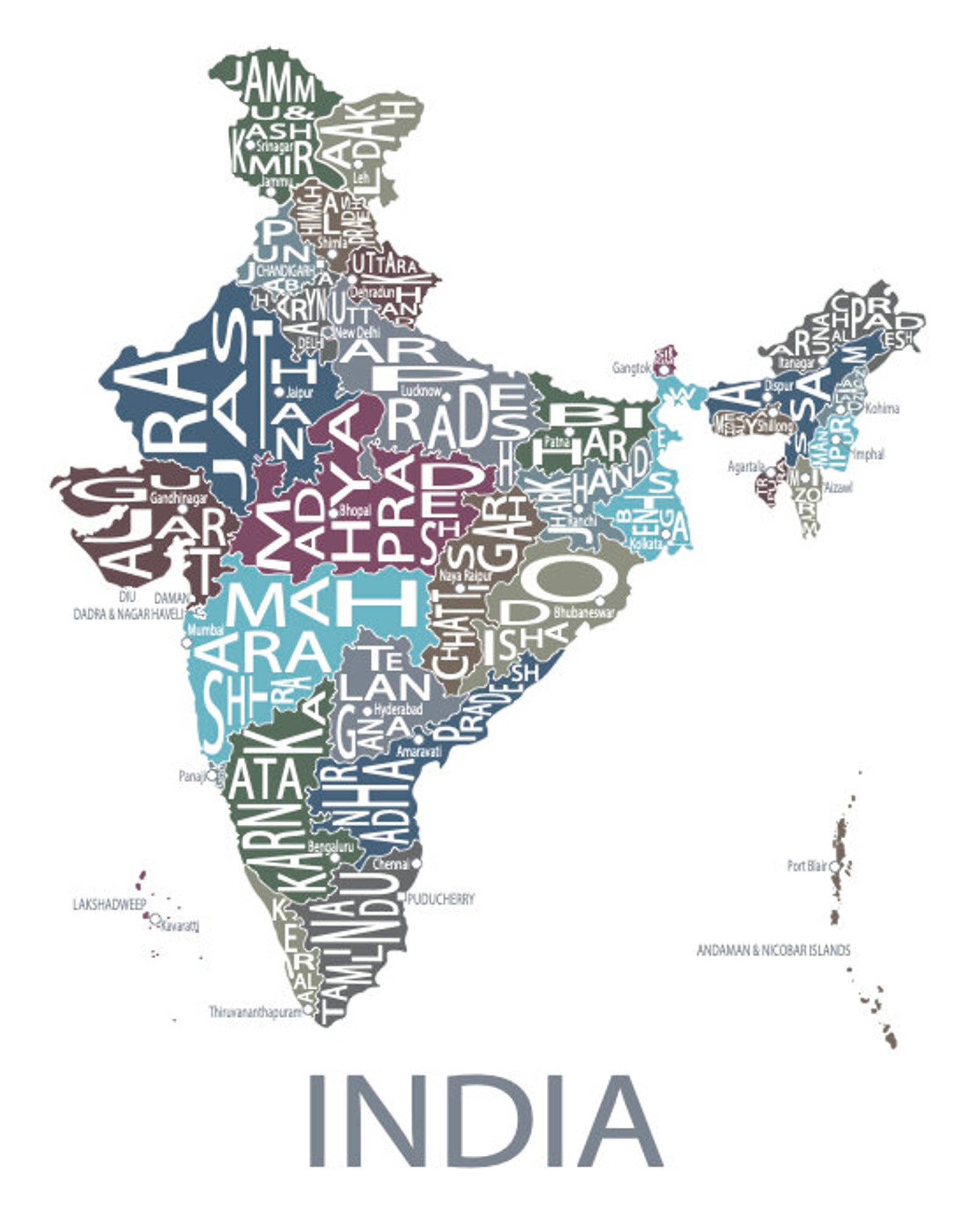 Typographic Map of India Indian States and Union Territories - Etsy