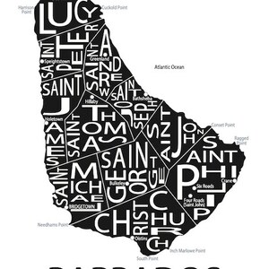 Typographic Map of Barbados | Caribbean Island Map | West Indies Island ...