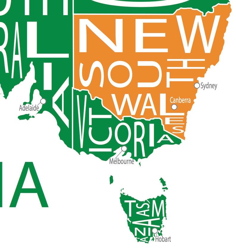 Typographic Map of Australia Aussie Regional Map With - Etsy