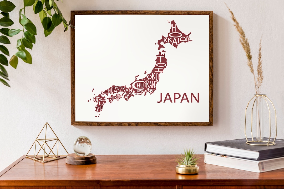 Typographic Map of Japan Japanese Map Regions of Nippon - Etsy