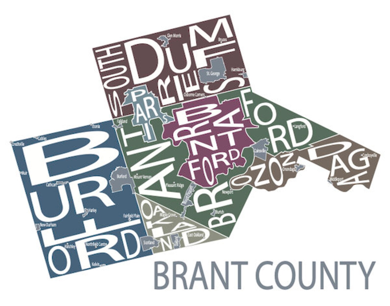 Typographic Map of Brant County County Map Print Ontario | Etsy