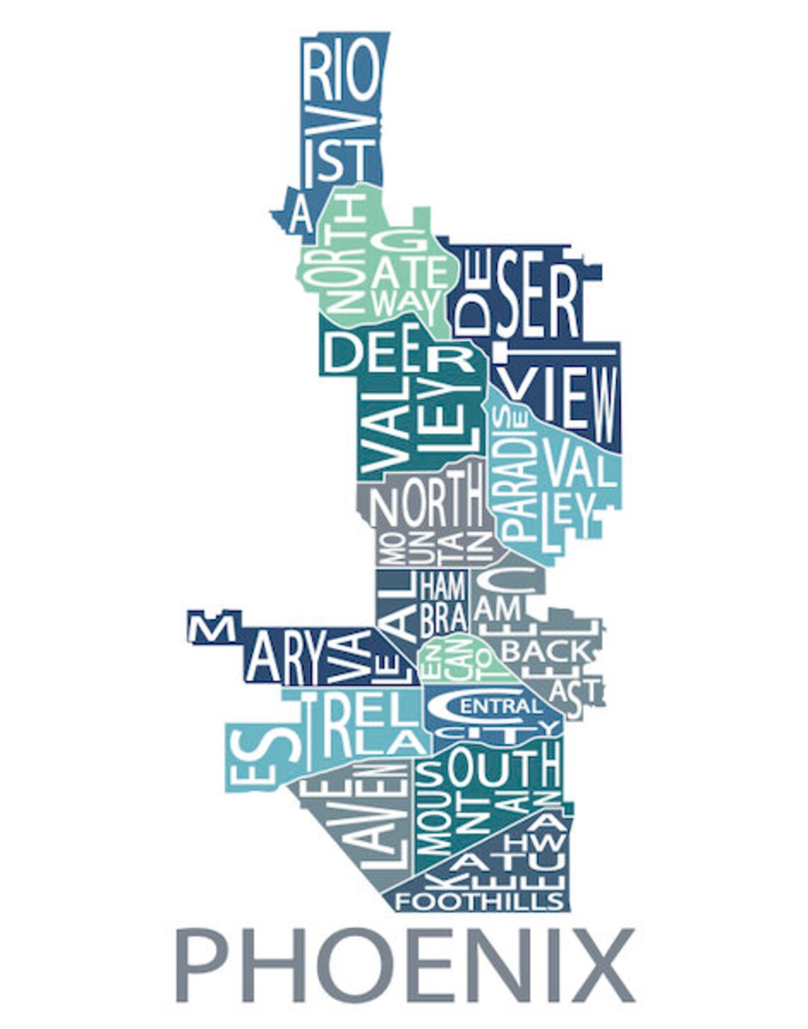 Typographic Map of Phoenix, Arizona | Urban Villages Map | Neighborhood ...