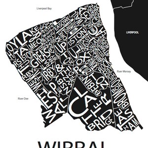 Typographic Map of Wirral, England | Borough of Wirral Map | Merseyside ...