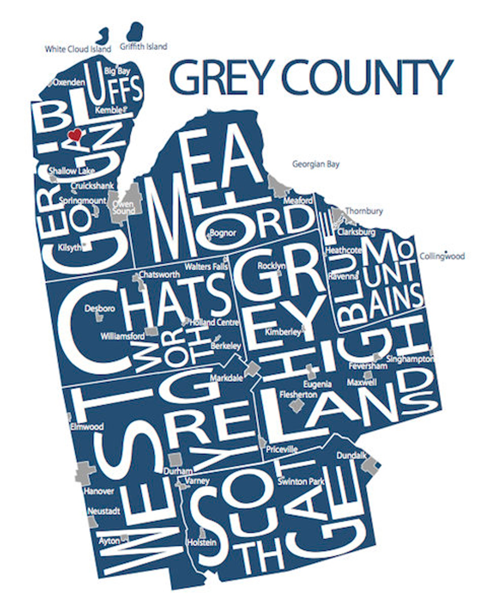 Typographic Map of Grey County Georgian Bay Area Map | Etsy