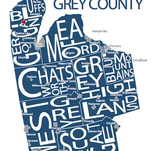 Typographic Map of Grey County | Georgian Bay Area Map | Ontario County ...