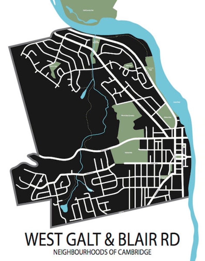 Typographic Map of Galt in Cambridge, Ontario | City Map Print ...