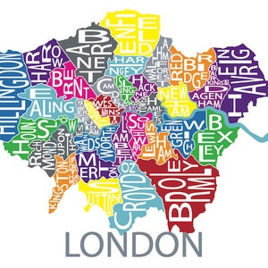 Typographic Map of London, England | United Kingdom UK Neighbourhood ...