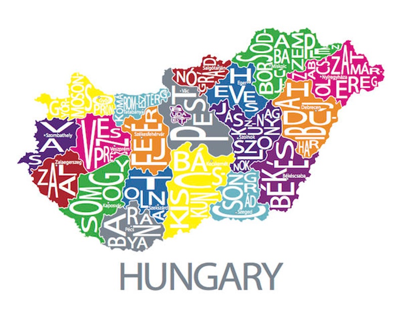 Typographic Map of Hungary Hungarian Regional Map | Etsy