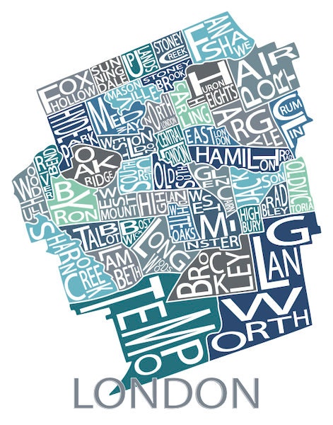 Typographic Map of London Ontario Neighbourhood Poster - Etsy Canada