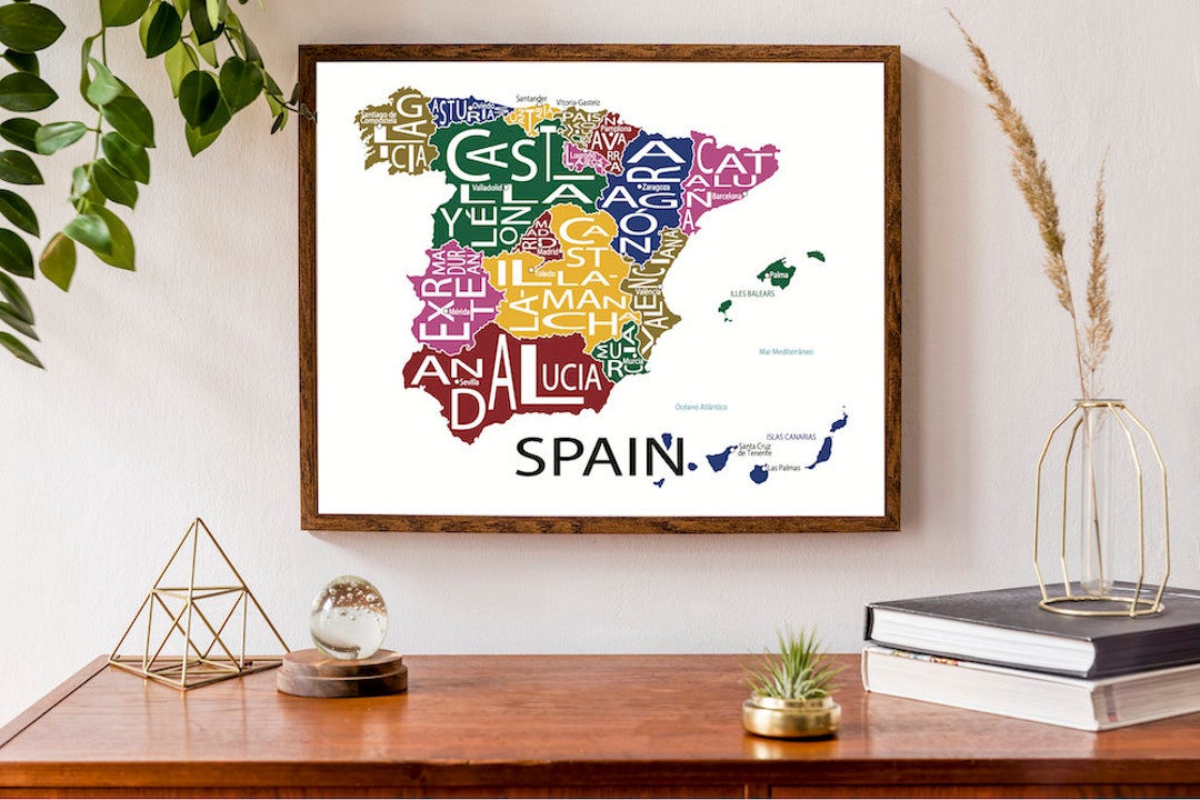 Typographic Map of Spain With the Balearic & Canary Islands | Spanish ...