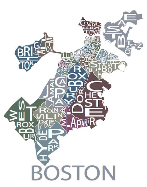 Typographic Map of Boston, Massachusetts | Neighborhood Map | City Map ...