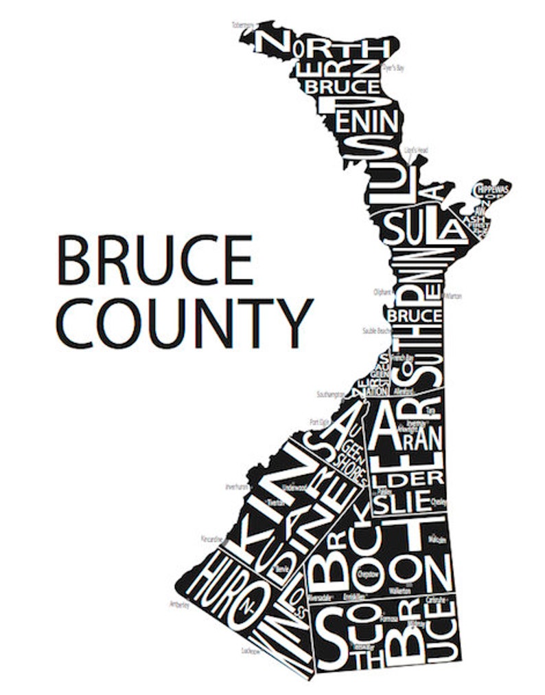 Typographic Map of Bruce County Ontario County Map Print - Etsy Canada