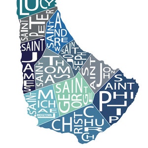 Typographic Map of Barbados | Caribbean Island Map | West Indies Island ...