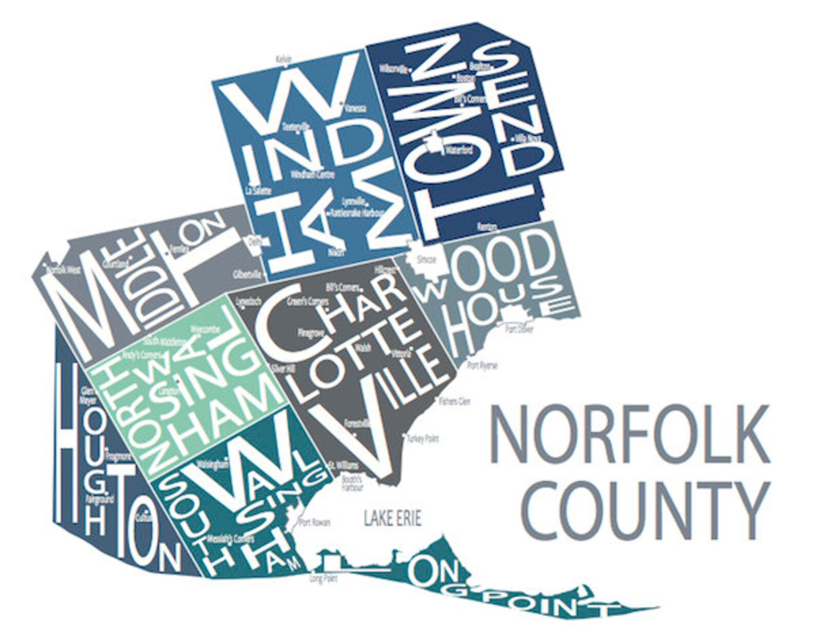Typographic Map of Norfolk County | County Map Print | Ontario Map ...