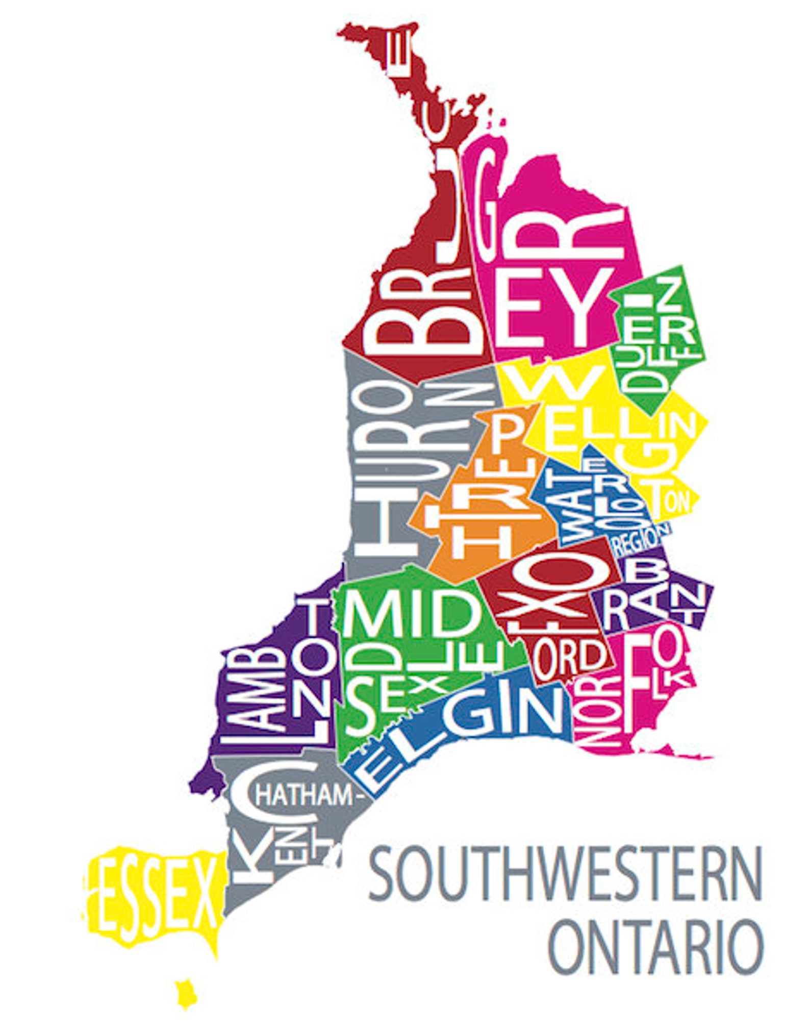 Typographic Map of Southwestern Ontario | Region & County Map | Bruce ...