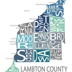 Typographic Map of Lambton County | County Map Print | Ontario Map ...