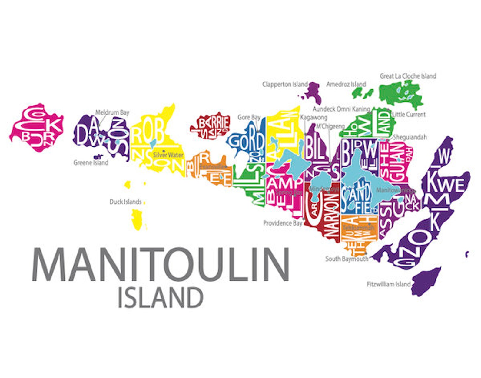 Typographic Map of Manitoulin Island | Manitoulin Map | Ontario Island ...