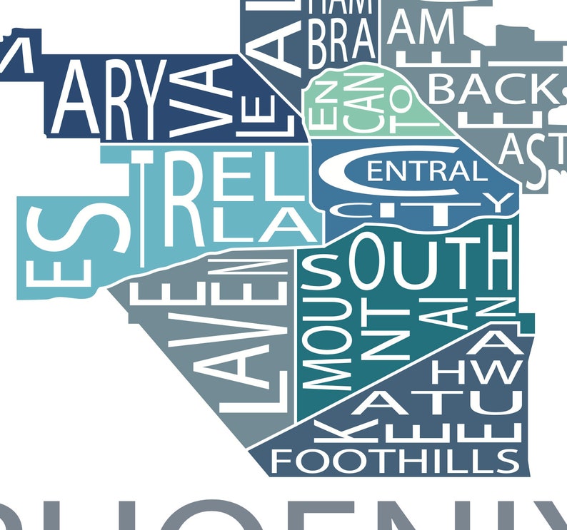 Typographic Map of Phoenix, Arizona | Urban Villages Map | Neighborhood ...