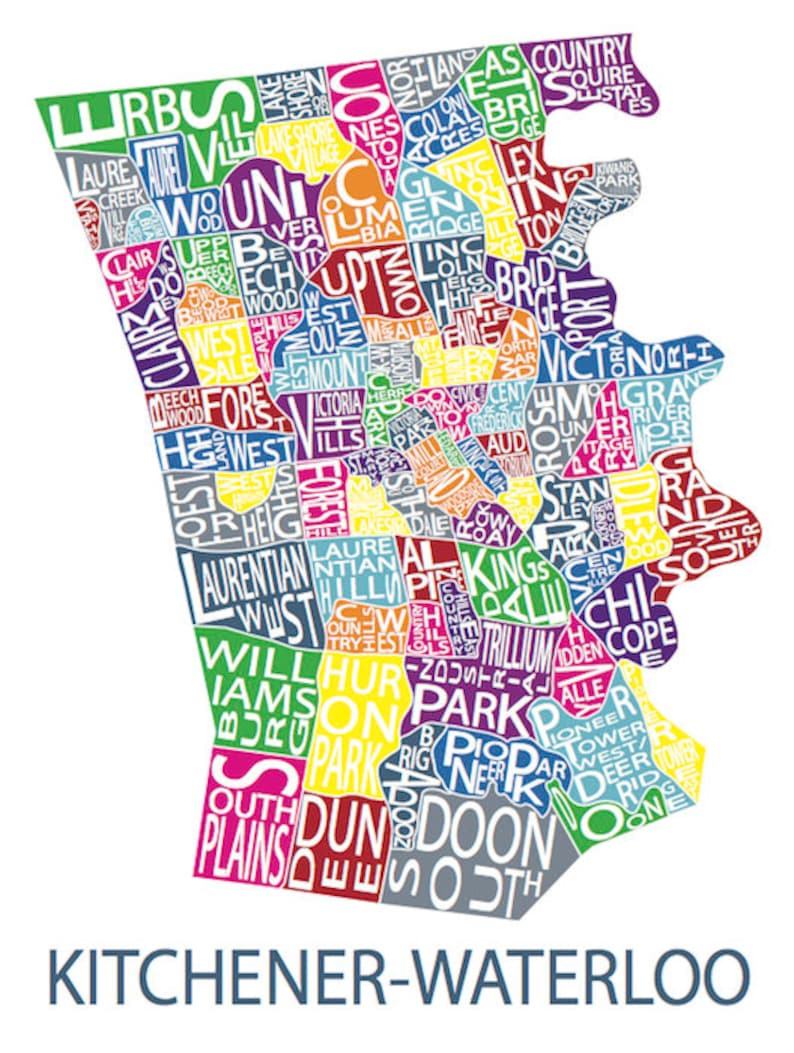 Typographic Map of Kitchener-Waterloo Ontario | Etsy