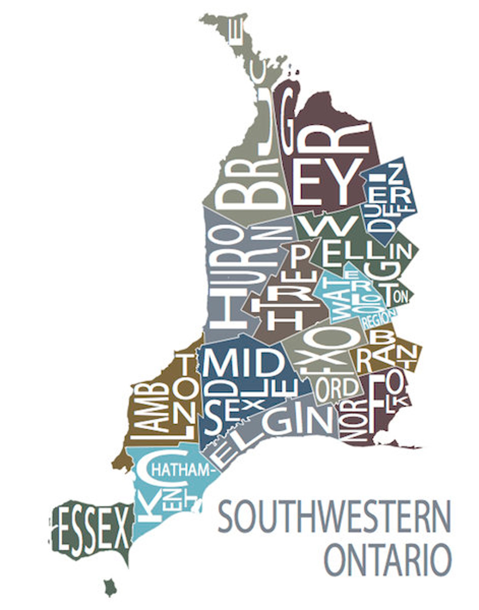 Typographic Map of Southwestern Ontario Region & County Map | Etsy