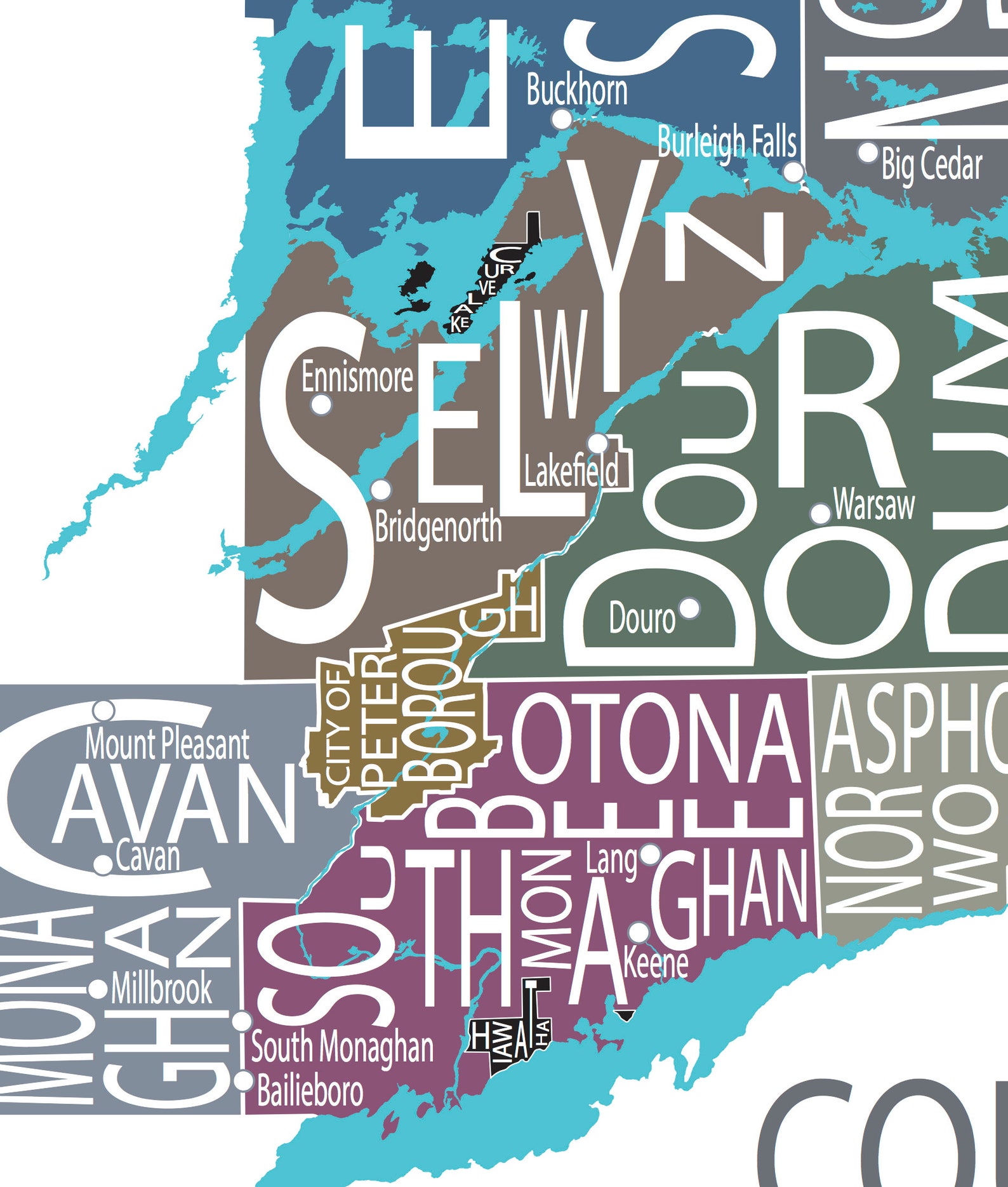 Typographic Map of Peterborough County, Ontario | County Print ...