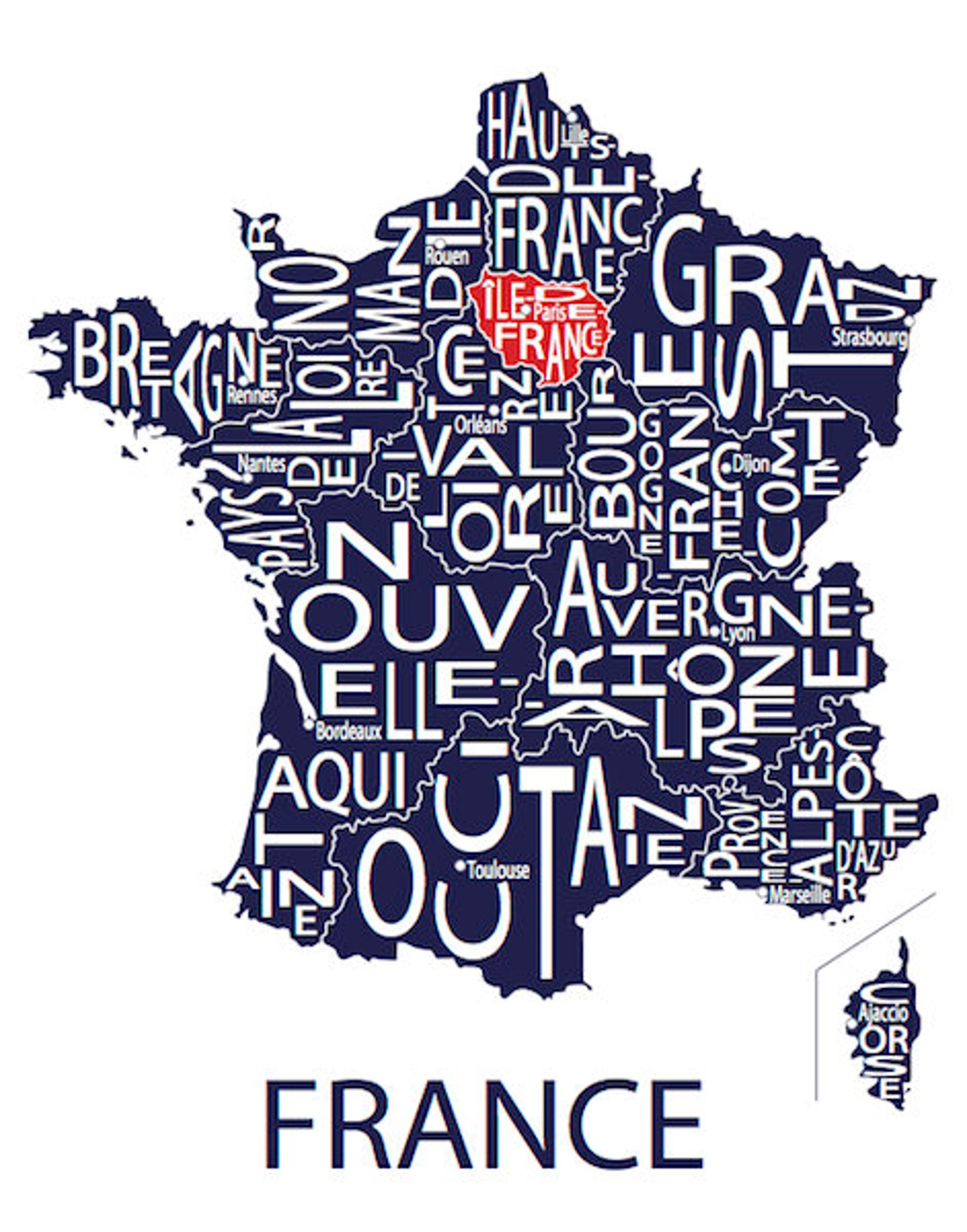 Typographic Map of France | Regions of France With Capitals | French ...