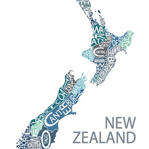 Typographic Map of New Zealand | Kiwi Map | Country Map Print | Custom ...