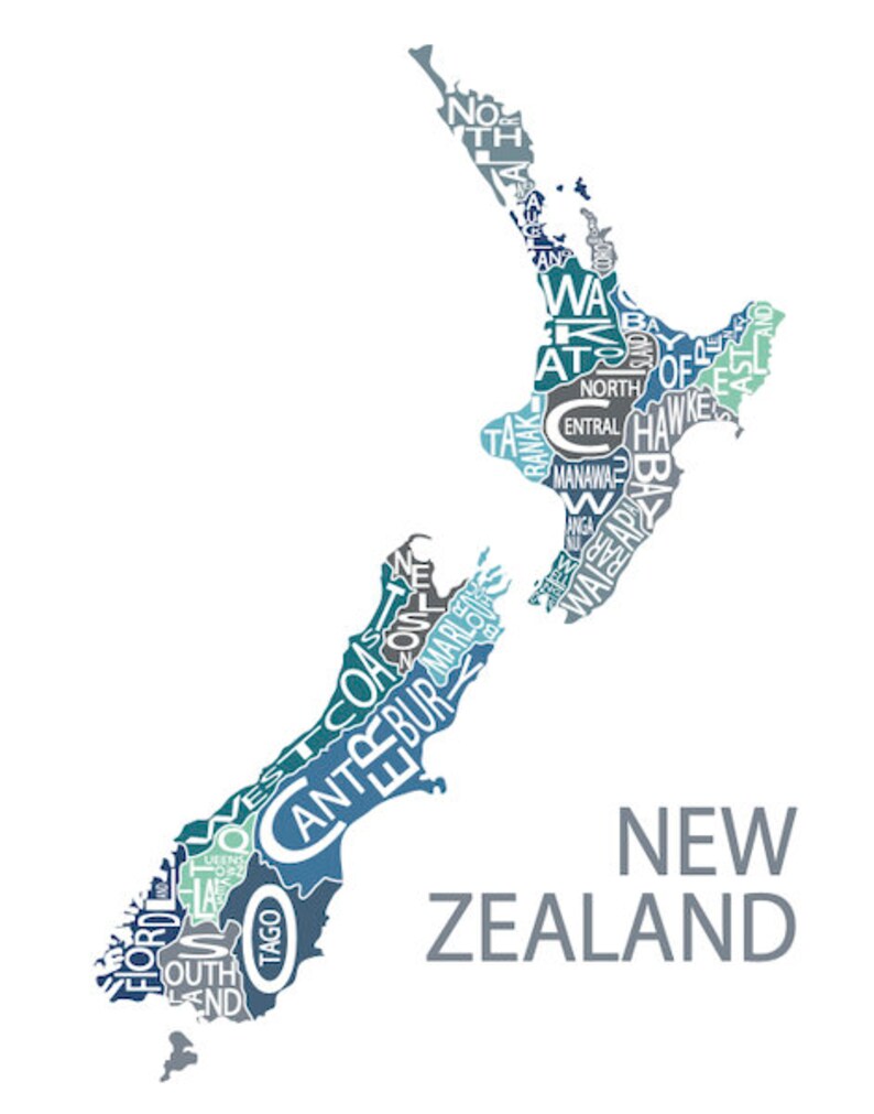 Typographic Map of New Zealand Kiwi Map Country Map Print - Etsy UK