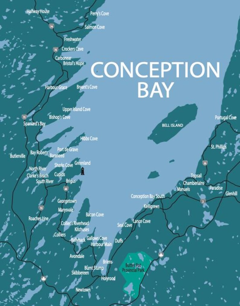 Typographic Map of Conception Bay, Newfoundland | Atlantic Ocean ...