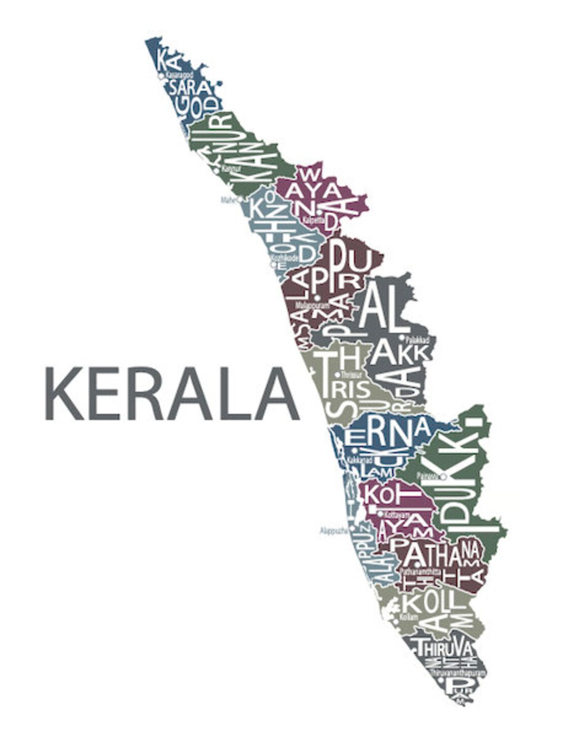 Typographic Map of Kerala India Indian State Map Print | Etsy
