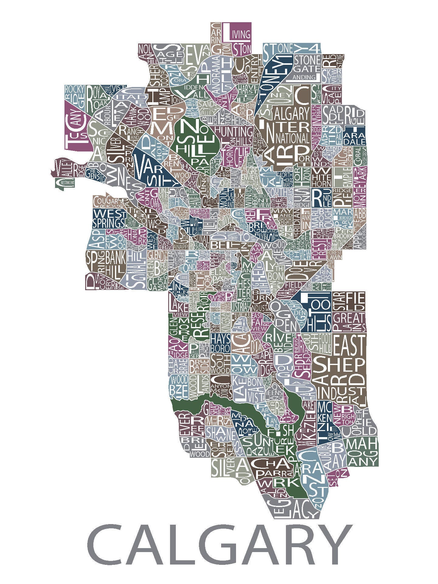 Typographic Map of Calgary Neighbourhood Poster Alberta - Etsy Canada