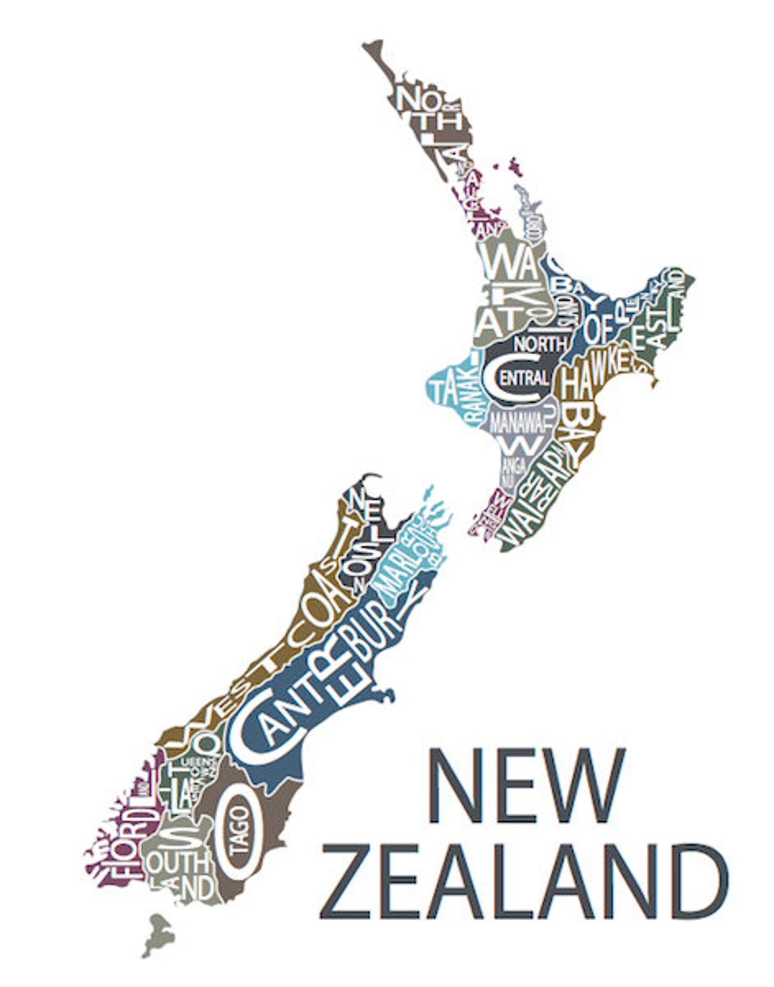 Typographic Map of New Zealand | Kiwi Map | Country Map Print | Custom ...