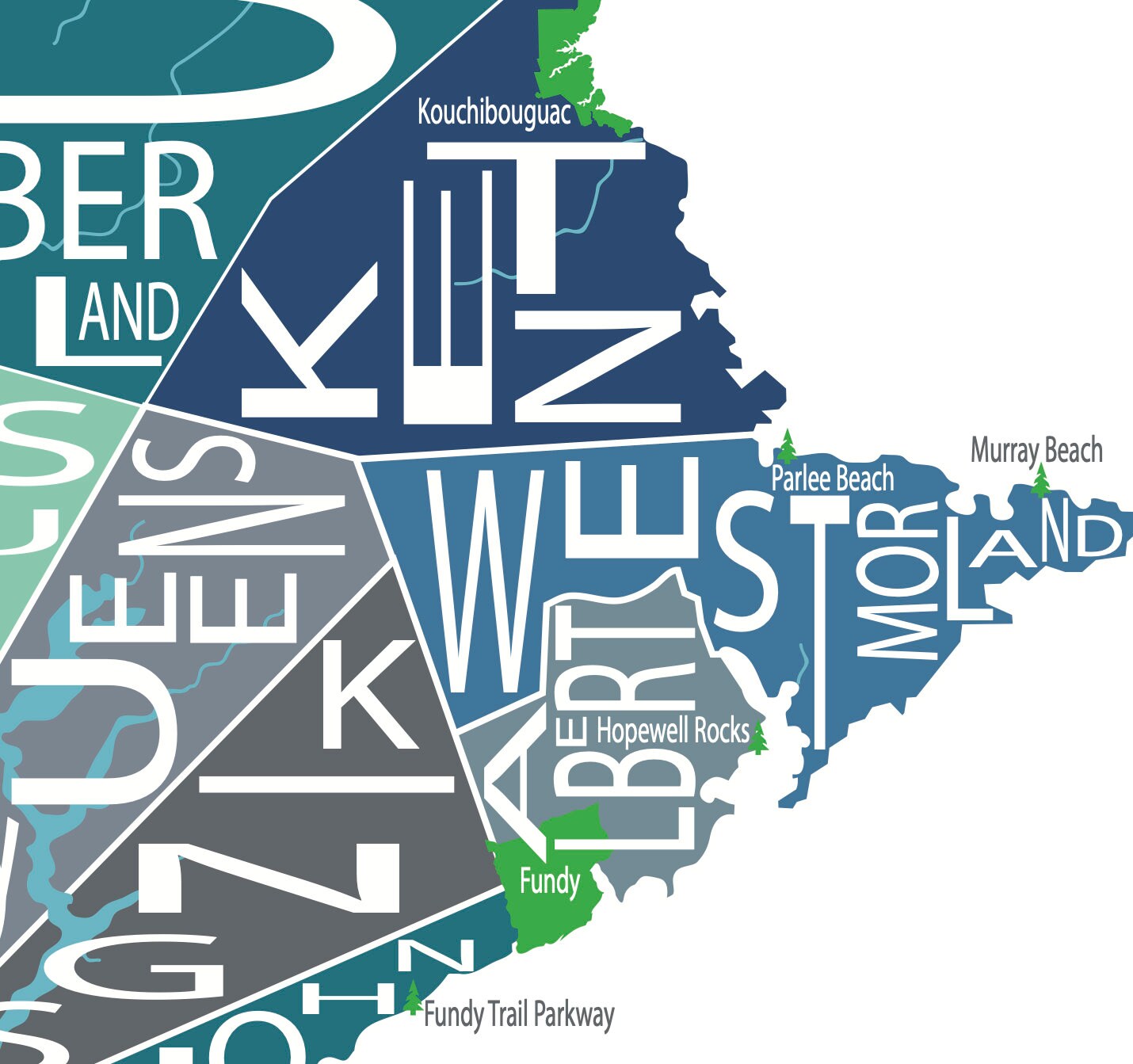 Typographic Map of Parks in New Brunswick | New Brunswick Parks Map ...