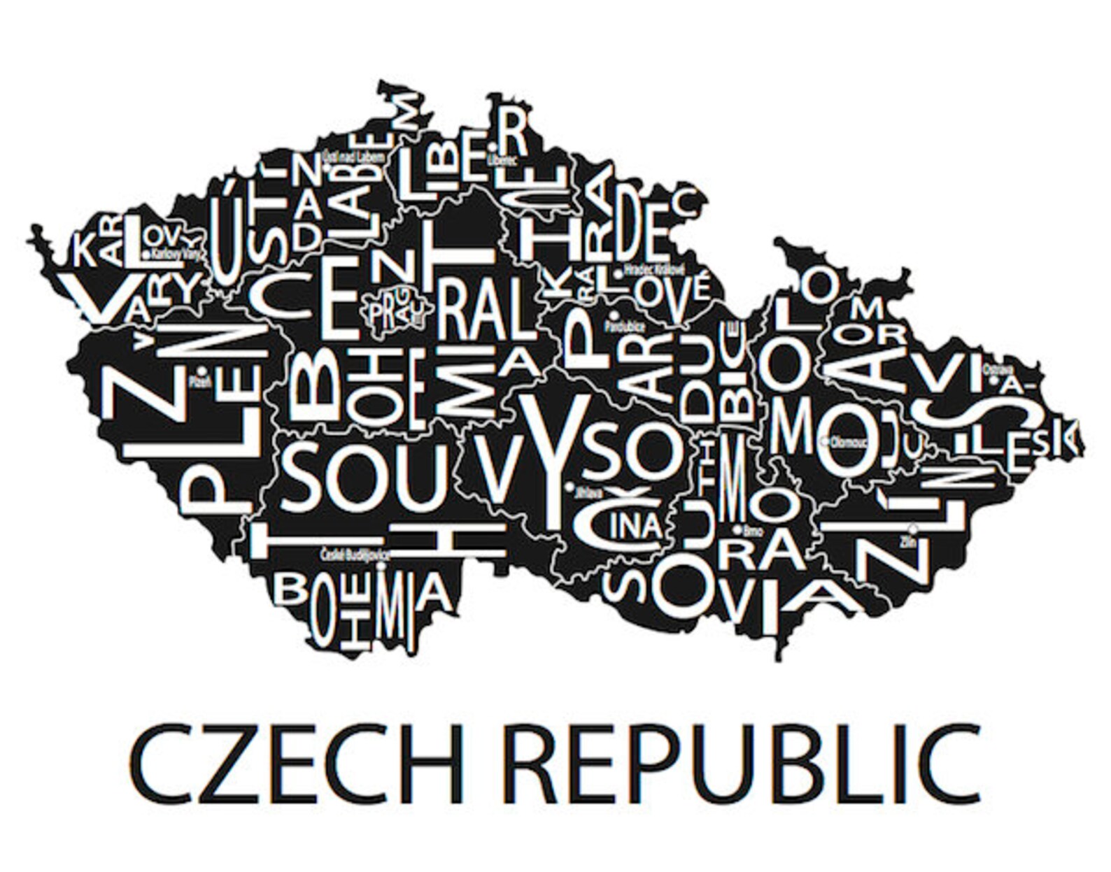 Typographic Map of the Czech Republic Czechoslovakia Map - Etsy