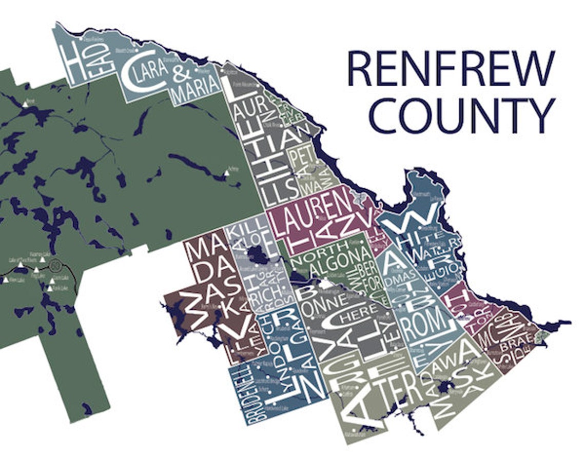 Typographic Map of Renfrew County Ottawa Valley Map - Etsy Canada