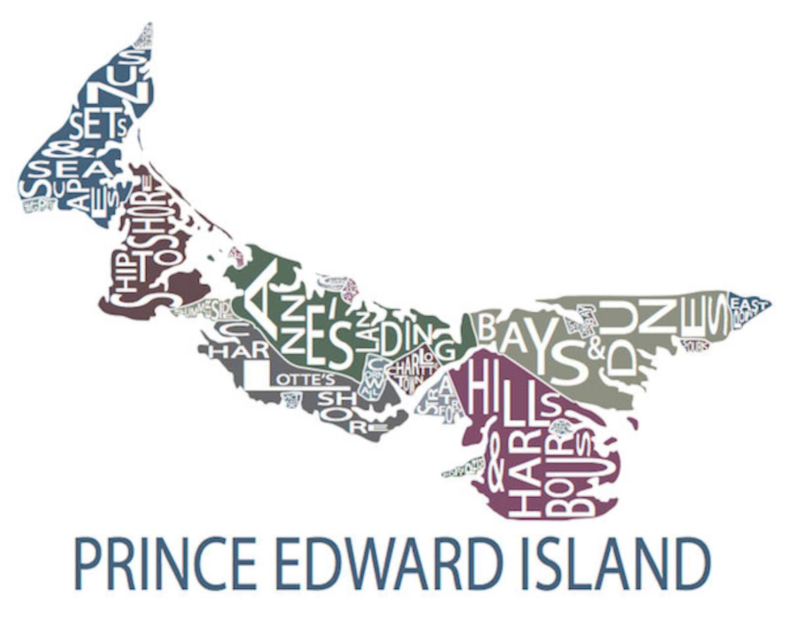 Typographic Map of Prince Edward Island Map of PEI Canada | Etsy