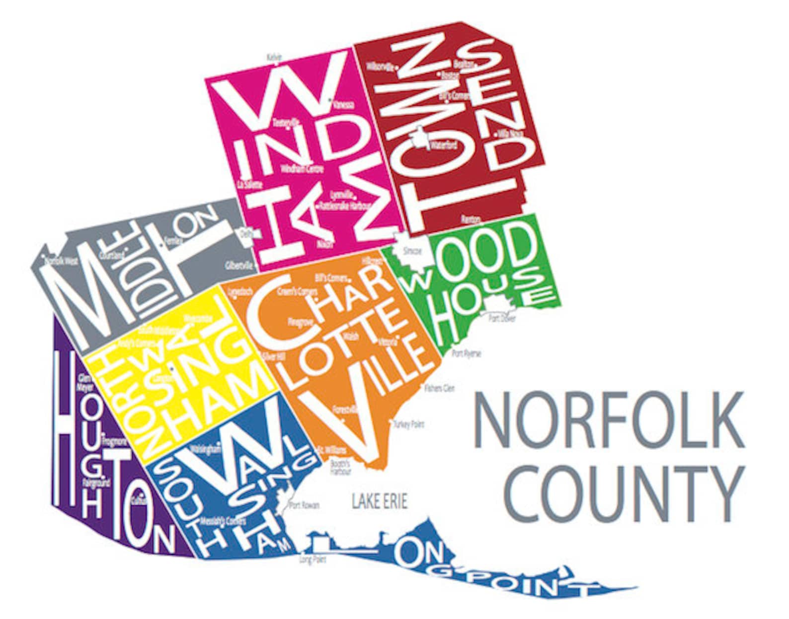Typographic Map of Norfolk County | County Map Print | Ontario Map ...