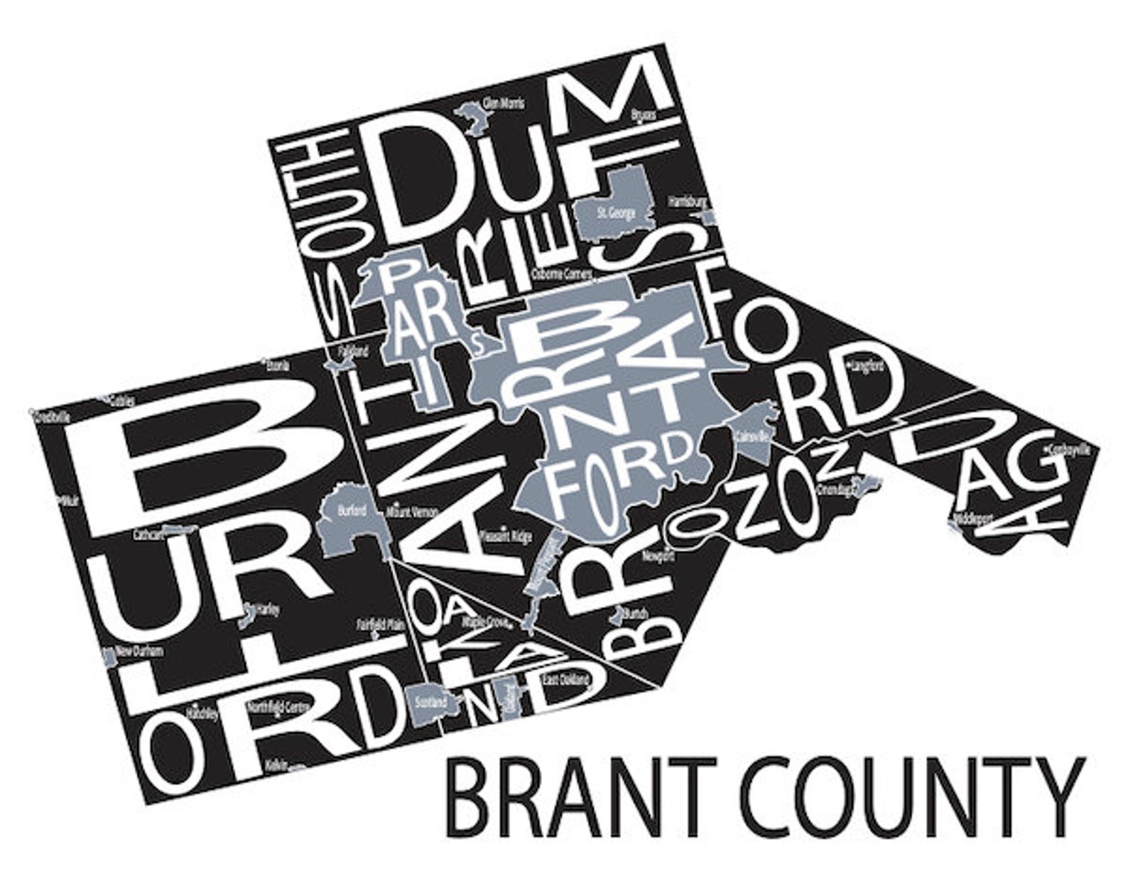 Typographic Map of Brant County County Map Print Ontario | Etsy