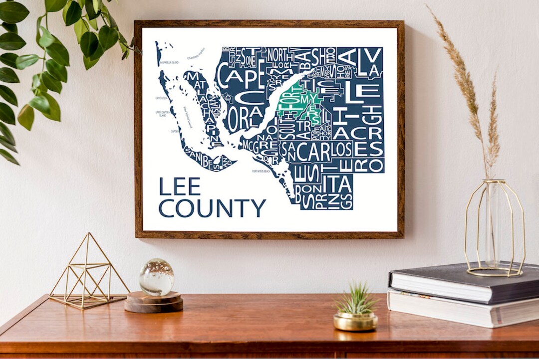 Typographic Map of Lee County, Florida | Fort Myers | Cape Coral ...