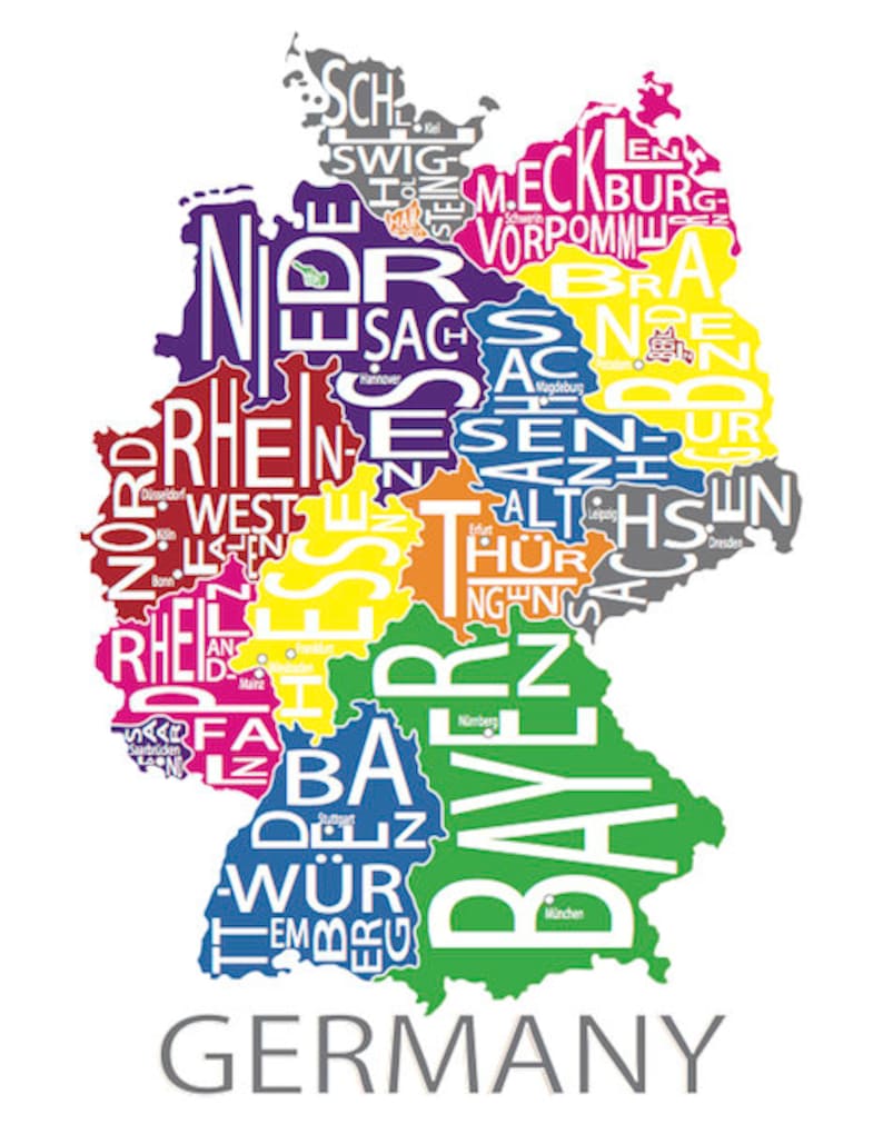 Typographic Map of Germany | Regional Map of Deutschland With Capitals ...